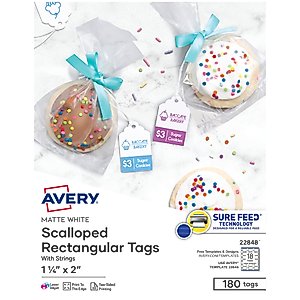 Avery Scalloped Printable Tags with Sure Feed, 2" x 1.25", White, 180 Customizable Tags with Strings, Great for Branding, Gift Tags, Price Tags, and More (22848)