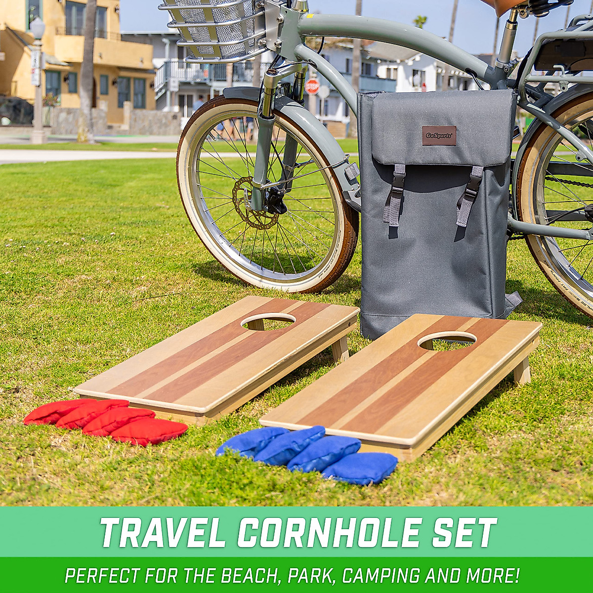 GoSports 2 ft x 1 ft Backpack Cornhole Game Set, Includes 2 Premium Wood Travel Size Boards and 8 Mini Stick and Slide Bean Bags