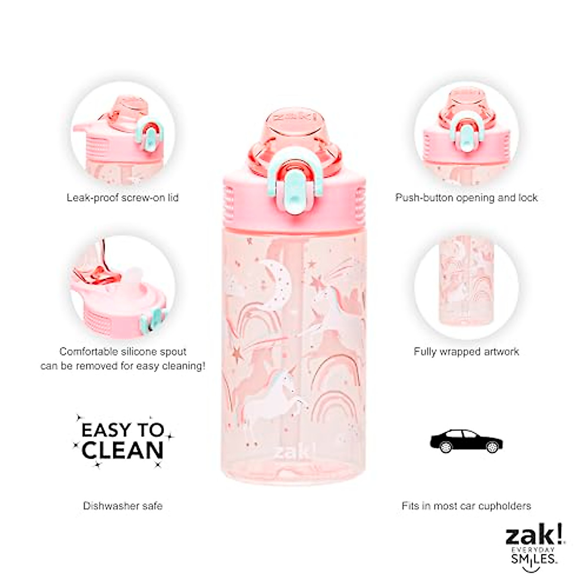 Zak Designs Sage Water Bottle For School or Travel, 16oz Durable Plastic Water Bottle With Straw, Handle, and Leak-Proof, Pop-Up Spout Cover (Fanciful Unicorn)