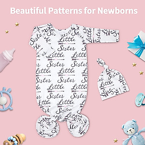 Mikccer Baby Newborn Knotted Gown 0-6 Months, Soft Breathable Sleeper Gowns, Babies Girl Coming Home Outfit Infant Little Sister Nightgowns with Hat Set