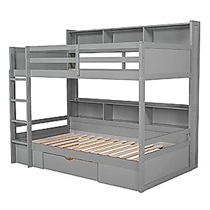 Harper & Bright Designs Bunk Bed Twin Over Twin with Storage,Wood Twin Bunk Beds with Built-in Shelves Beside Both Upper & Down Bed,Multi Storage Bunk Beds with Drawer for Kids Girls Boys, Grey