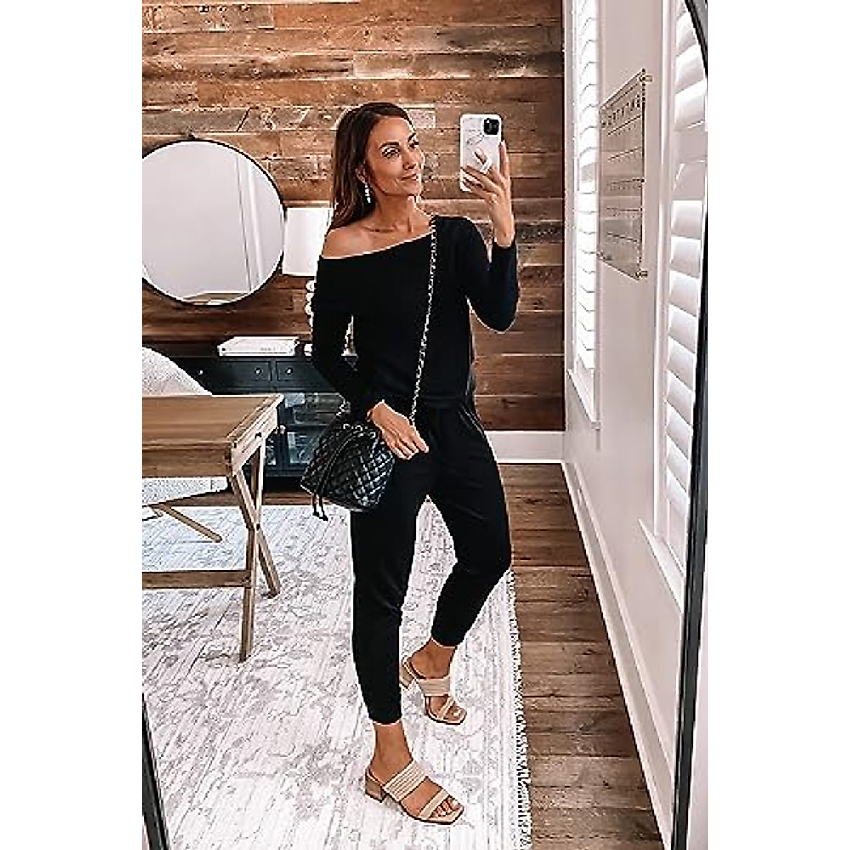 PRETTYGARDEN Women's Casual Long Sleeve Jumpsuit Crewneck One Off Shoulder Elastic Waist Stretchy Romper with Pockets