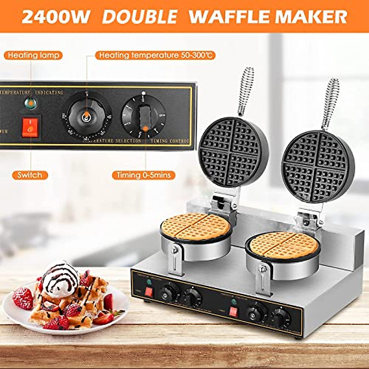 MATHOWAL 2400W Commercial Waffle Maker Double Waffle Irons Electric Nonstick Muffin Machine Suitable for Home，Snack Bar and Restaurant |US Warehouse