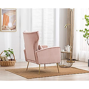 Kmax Velvet Accent Chair Mid-Century Tufted Arm Chair Gold Legs Pillow Wingback Chair for Bedroom Living Room Vanity Reading, Pink, Set of 2