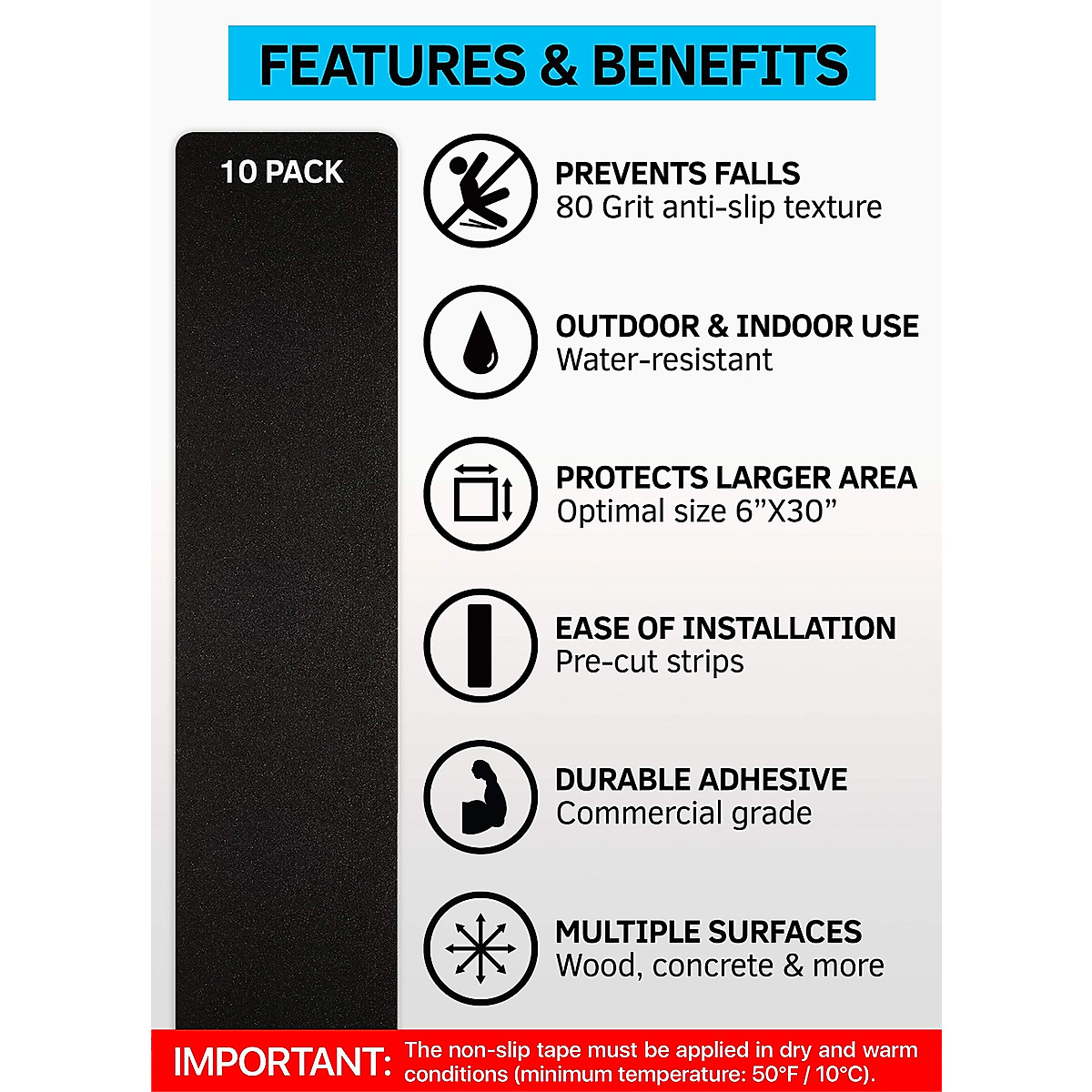 8”x30” Stair Treads Non-Slip Outdoor Tape – (10-Pack) Black Anti-Slip Strips