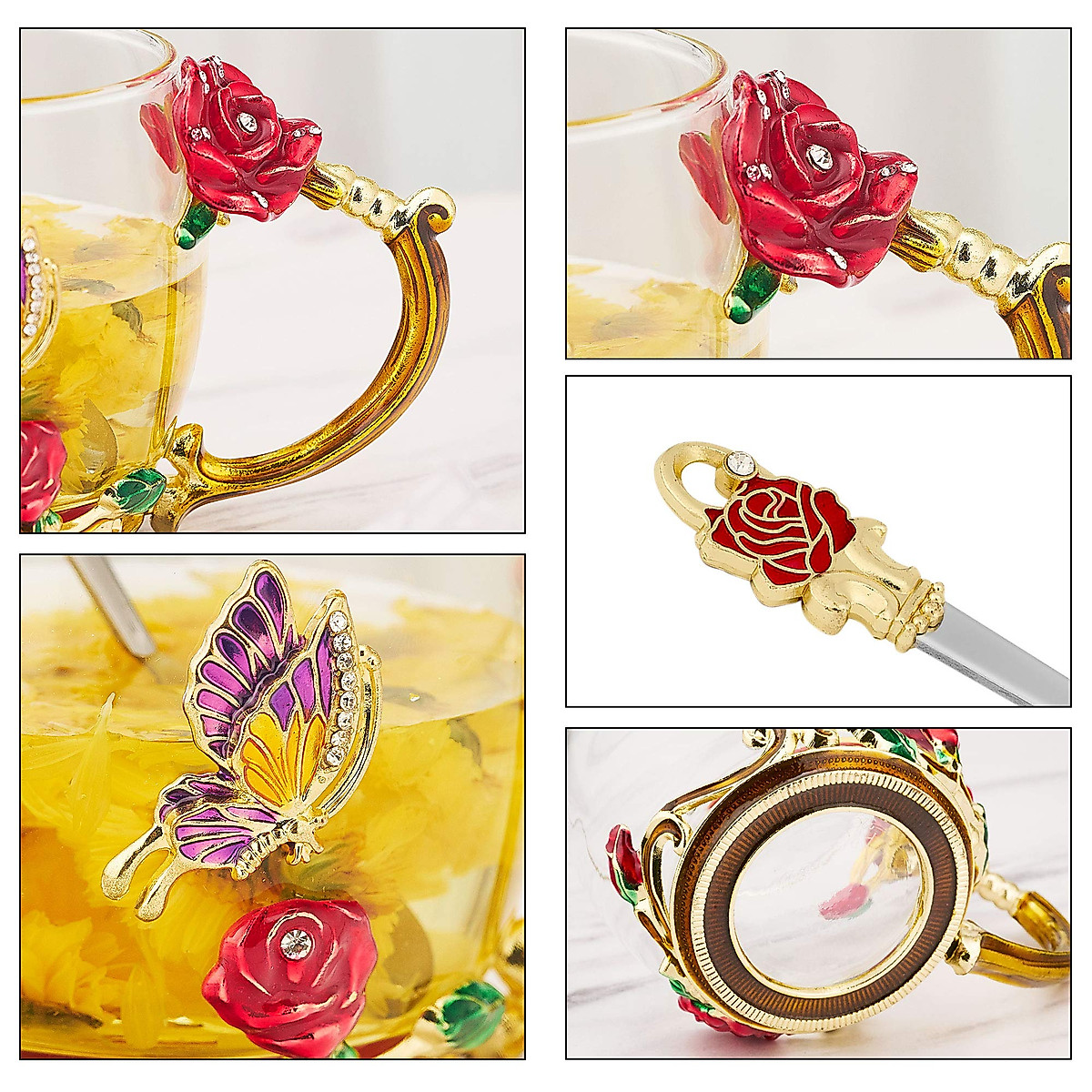 JLTPH Enamel Flower Glass Tea Cup, Clear Lead-Free Coffee Mugs with Spoon Cleaning Cloth, Tea Cup with Elaborate Handle for Women Birthday Valentines Wedding Day Mother's Day Gifts