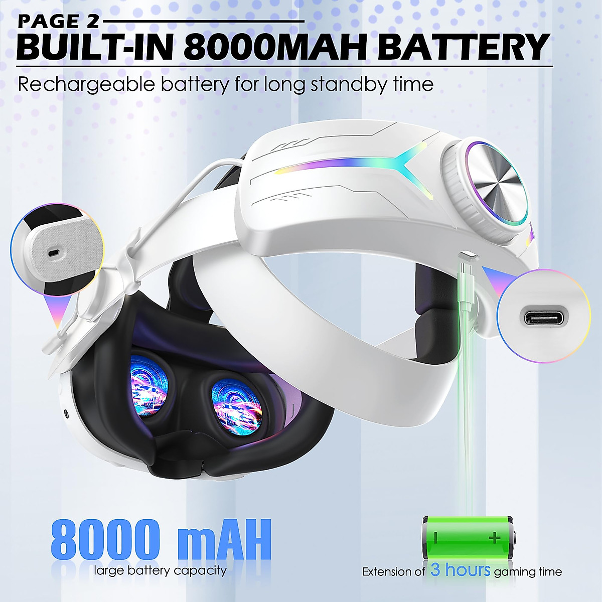 Orzero Head Strap accessories compatible for Quest 3S/Quest 3 with Extended 8000mah Battery Pack, Fast charging 9V 2A Extended Gaming Time with RGB Light - White
