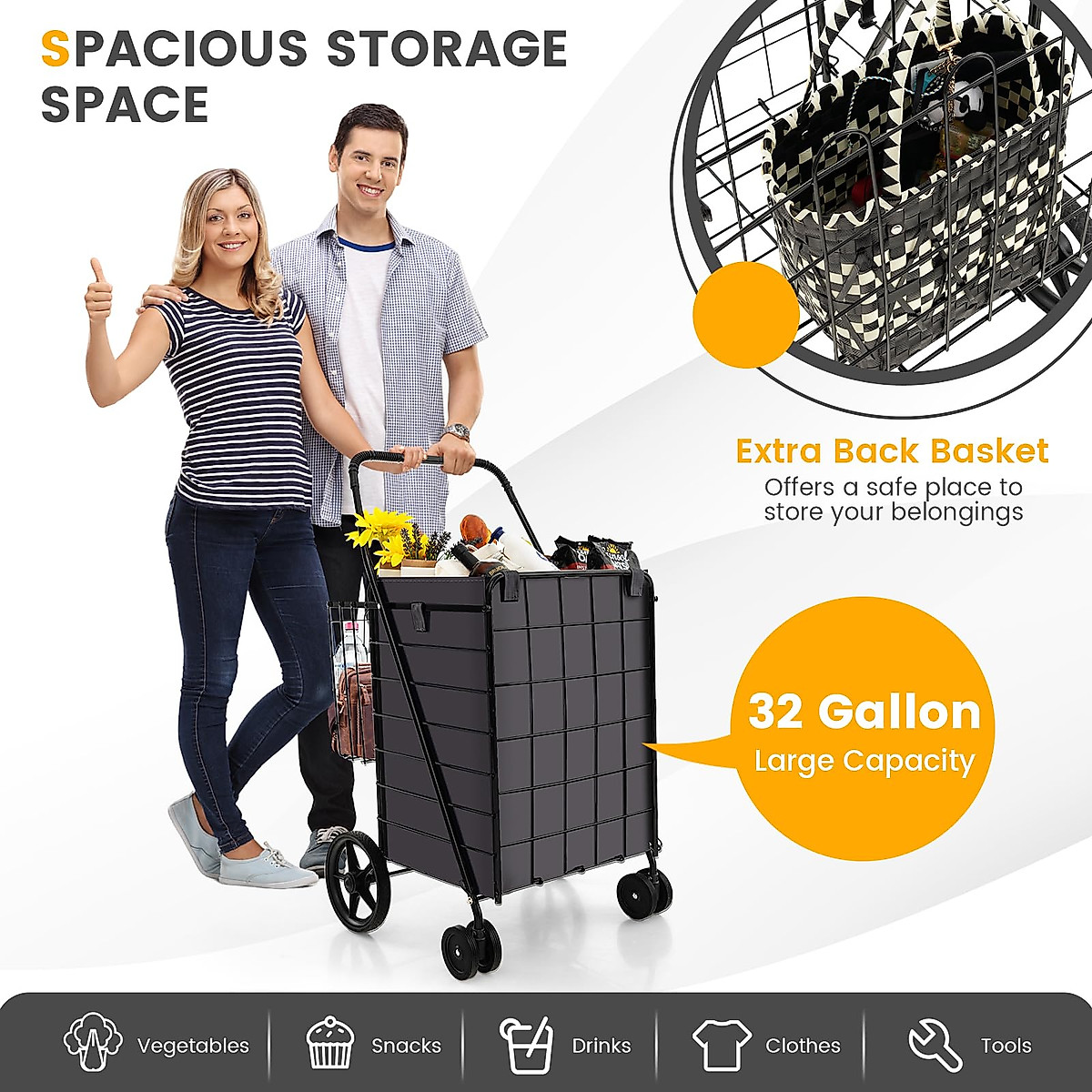 S AFSTAR Shopping Cart with Oxford Liner Bag, 27 Gal Folding Grocery Cart on Wheels, Double Basket, 330 LBS Weight Capacity, Portable Granny Cart Shopping Cart for Market Laundry (Black)