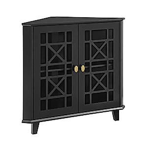 Walker Edison Ronne 2 Door Corner Accent Table with Fretwork Detail, 32 Inch, Black