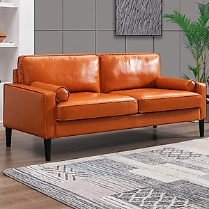 Mjkone 76" Upholstered 3 Seats Sofa, Cognac PU Leather 3-Seater Sofa Chair with Bolster Cushions, Faux Leather Brown Room Furniture, Modern Sectional Sofa Couch for Home Living Room/Apartment/Office