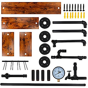 Rocomoco Industrial Pipe Shelving Wine Rack Wall Mounted with 4 Stem Glass Holder 39 Inch Bar Shelf Rustic Metal Floating Wall Bar Shelf 4-Tiers Hanging Liquor Wood Shelves Glass Rack for Kitchen