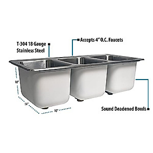 BK Resources DDI3-10141024 Three Compartment Drop-in Deck Mount Sink 10" x 14" x10" Bowl