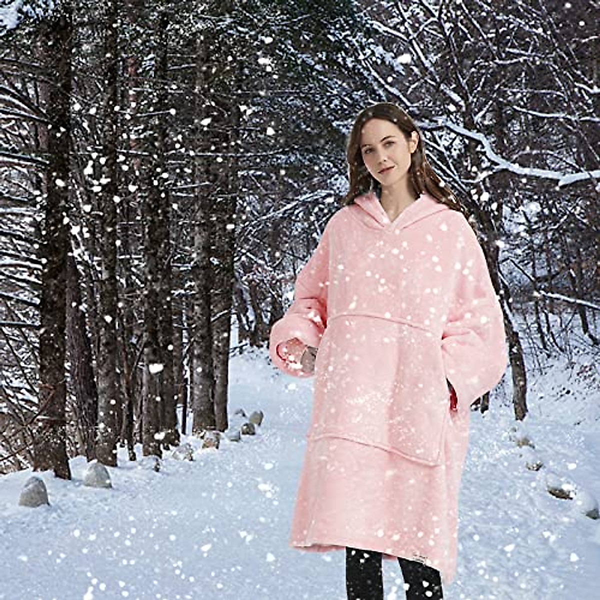 Huloo Sleep Wearable Blanket Hoodie for Women Men,Oversized Adult Cozy Warm Sherpa Fleece Hooded Sweatshirt,One Size Fits All,Pink