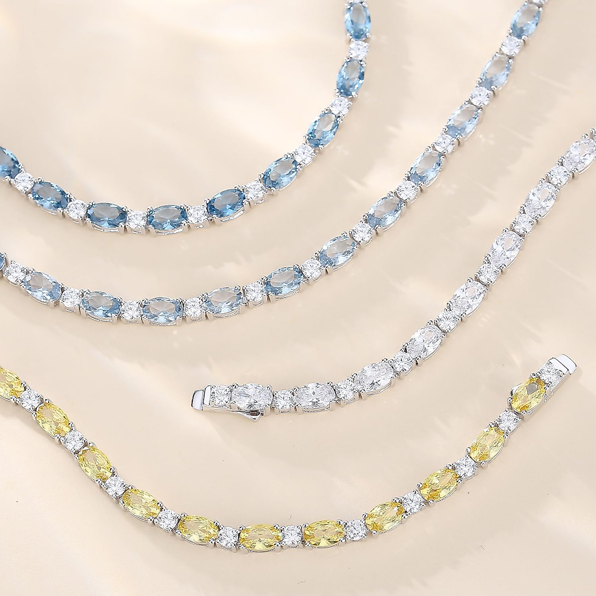 FANCIME Sterling Silver Created Aquamarine Tennis Bracelet March Birthstone Bracelet Cubic Zirconia Oval Gemstone Dainty Charm Fine Jewelry for Women 7"