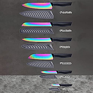 DISHWASHER SAFE Kitchen Knife Set, Marco Almond® KYA36 12-Piece Rainbow Titanium Stainless Steel Boxed Knives Set for Kitchen with Sheath, 6 Knives with 6 Blade Guards, Black