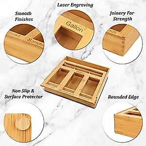 Hencoz Bamboo Ziplock Bag Organizer for drawer - Fits Gallon, Quart, Sandwich & Snack ziploc bags storage box with 4 compartments Suitable any brand Great kitchen organization (Hen001)