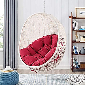 Modway EEI-2273-WHI-RED Hide Wicker Rattan Outdoor Patio Porch Lounge Egg Set, Swing Chair with Stand, Red