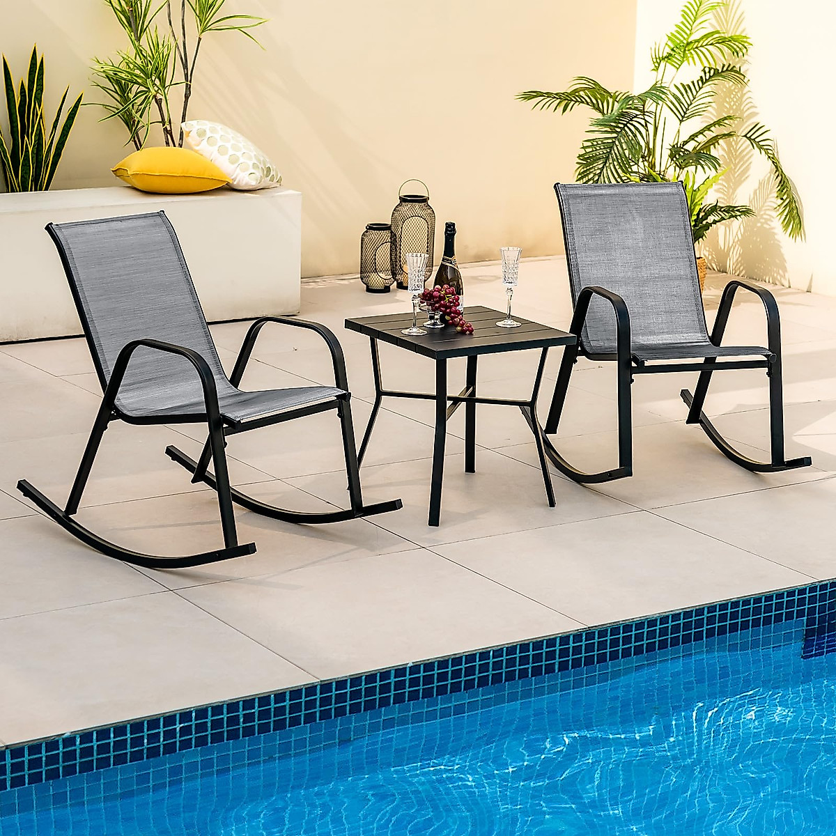 Tangkula Patio Rocking Chair Set of 2, Outdoor Ergonomic Rockers with Breathable Fabric Seat, Gentle Rocking Function, Sturdy Metal Rocker for Front Porch, Backyard, Garden