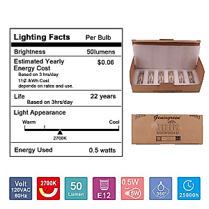 C7 LED Bulbs,0.5 Watts LED Filament Night Light Bulb Edison Style LED Sign Light E12 Candelabra Base Lamp Clear Glass 4W 5W 6W 7 Watts Equal Candle Bulbs Warm White 2700K for String Lights Pack of 6