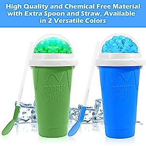 Ragnify Slushy Cup 2 Pack Slushie Maker Ice Cup Silica Cup Pinch Cup Summer Cooler Smoothies Cup Double Layer Squeeze Cup Slush Maker Cup Home DIY Smoothie Cup for Children and Adult (Blue & Green)