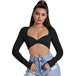 SheIn Women's Long Sleeve Crop Top Notch Neck Solid Twist Front Tee Shirt Black S