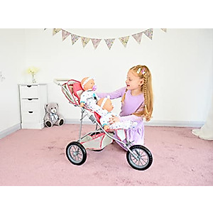 KOOKAMUNGA KIDS Baby Doll Stroller Deluxe Double | Foldable Twin Jog Pram | Retractable Canopy | Premium Pink & Gray Fabric | Soft Grip Handle | Storage Basket Underneath