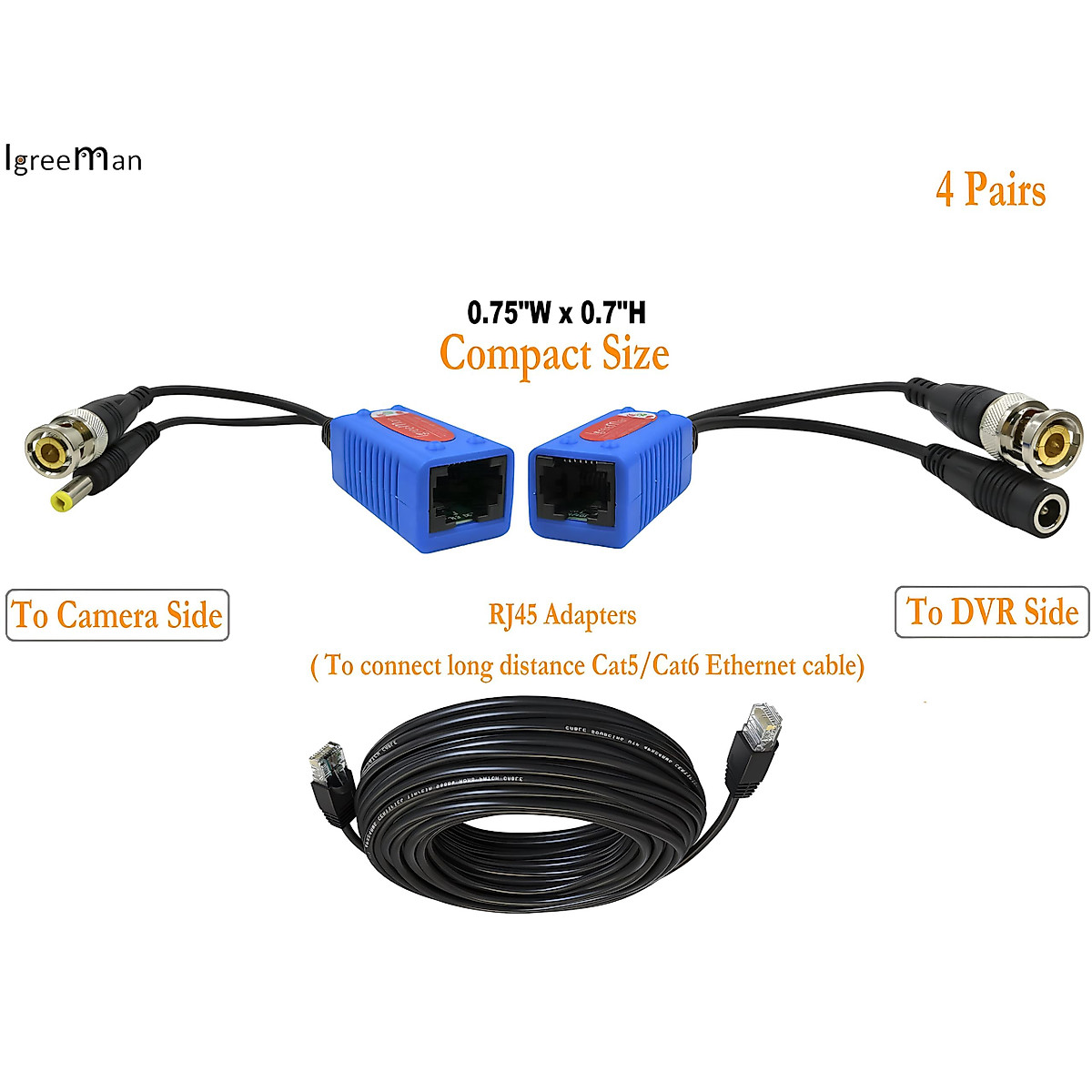 Igreeman 4 Pair Passive Video Balun BNC to RJ45 Adapter with Power, 1080P-8MP Surveillance Analog Camera Ethernet Cable Transceiver, Cat5e/Cat6 Cable to BNC Male Connector