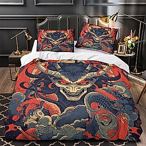 LENTLY Japanese Demon 3D Print Bedding Set for Childrens and Adults Duvet Cover Soft Microfiber Demon Illustration Comforter Cover with Pillowcase 3 Pcs Quilt Cover Twin（173x218cm）