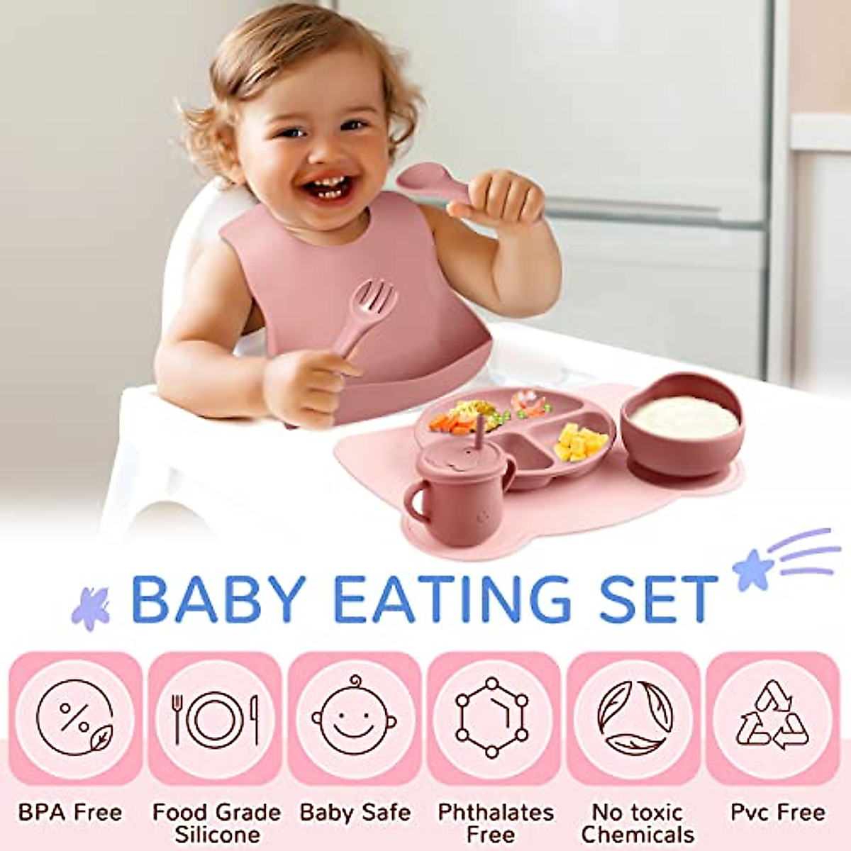Newtay 8 Pack Baby Feeding Eating Supplies Silicone Suction Divided Plate Bibs Bowl Placemat Spoon and Fork Cup with Straw Tableware Set for Toddler (Dark Pink), 1.0 Count