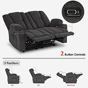 MCombo 61.8" Power Loveseat Recliner with Heat and Vibration, Fabric Electric Reclining Loveseat, USB Charge Port, Cup Holders for Living Room 6025 (Grey)