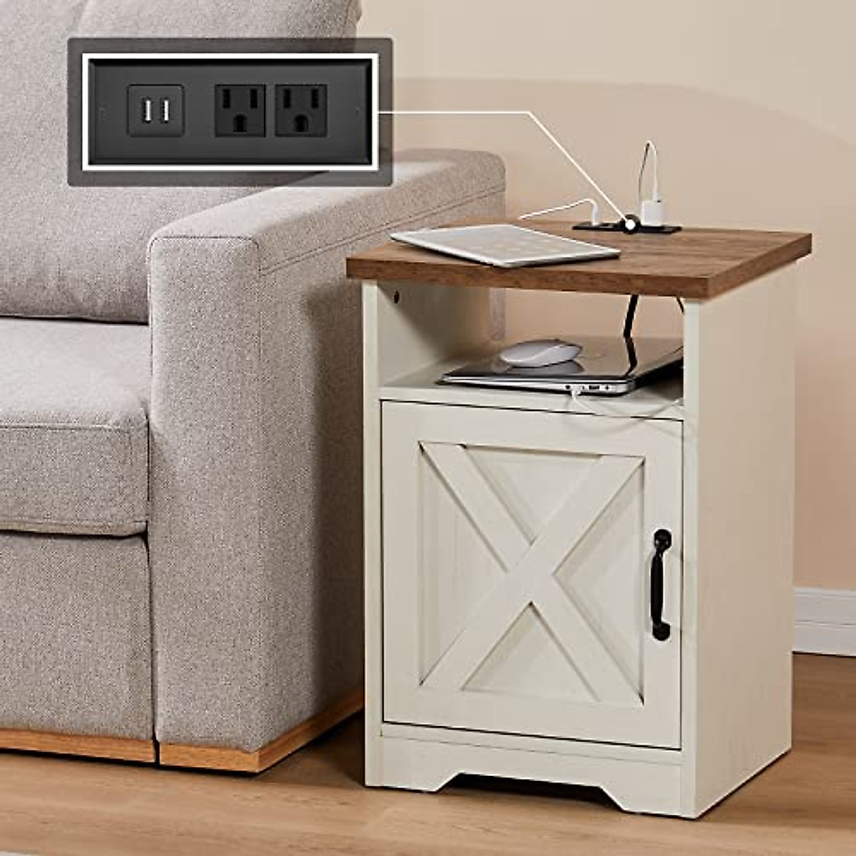 AMERLIFE 3-Piece Farmhouse Table Set Includes Coffee Table& Two End Tables, Side Table with Charging Station and USB Ports, for Living Room, Bedroom, Distressed White
