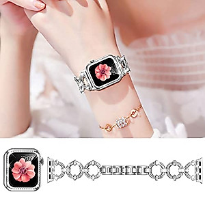 Mesime Compatible with Apple Watch Band 38mm 40mm 41mm 42mm 44mm 45mm , Women Girl Bling Diamond Jewelry Metal Strap Bands with Crystal Tempered Glass Screen Protector Case, Round Shiny Bracelet Wristband for iWatch Series 7/6/5/4/3/2/1/SE (Silver)