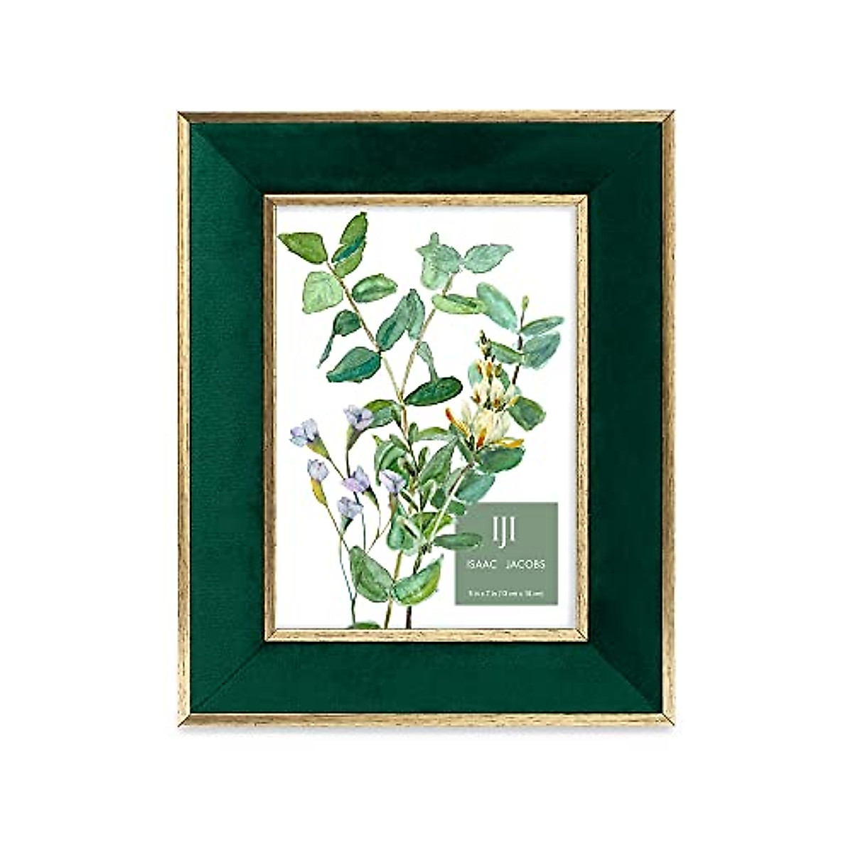 Isaac Jacobs 5x7 Green Velvet Picture Frame with Metallic Gold Double Border, Photo Frame, Horizontal & Vertical, Made for Tabletop & Wall Display, for Home and Office (5x7, Green with Gold)