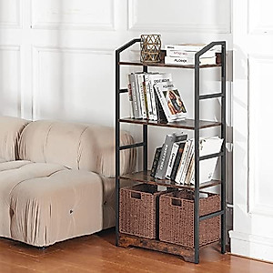 Vagusicc 4 Tier Bookshelf with 2 Storage Baskets, Tall Bookcase Shelf Storage Organizer Wood Book Shelf, Modern Shelf Rack Shelves with Steel Frame, Multipurpose Bookshelf for Bedroom Living Room