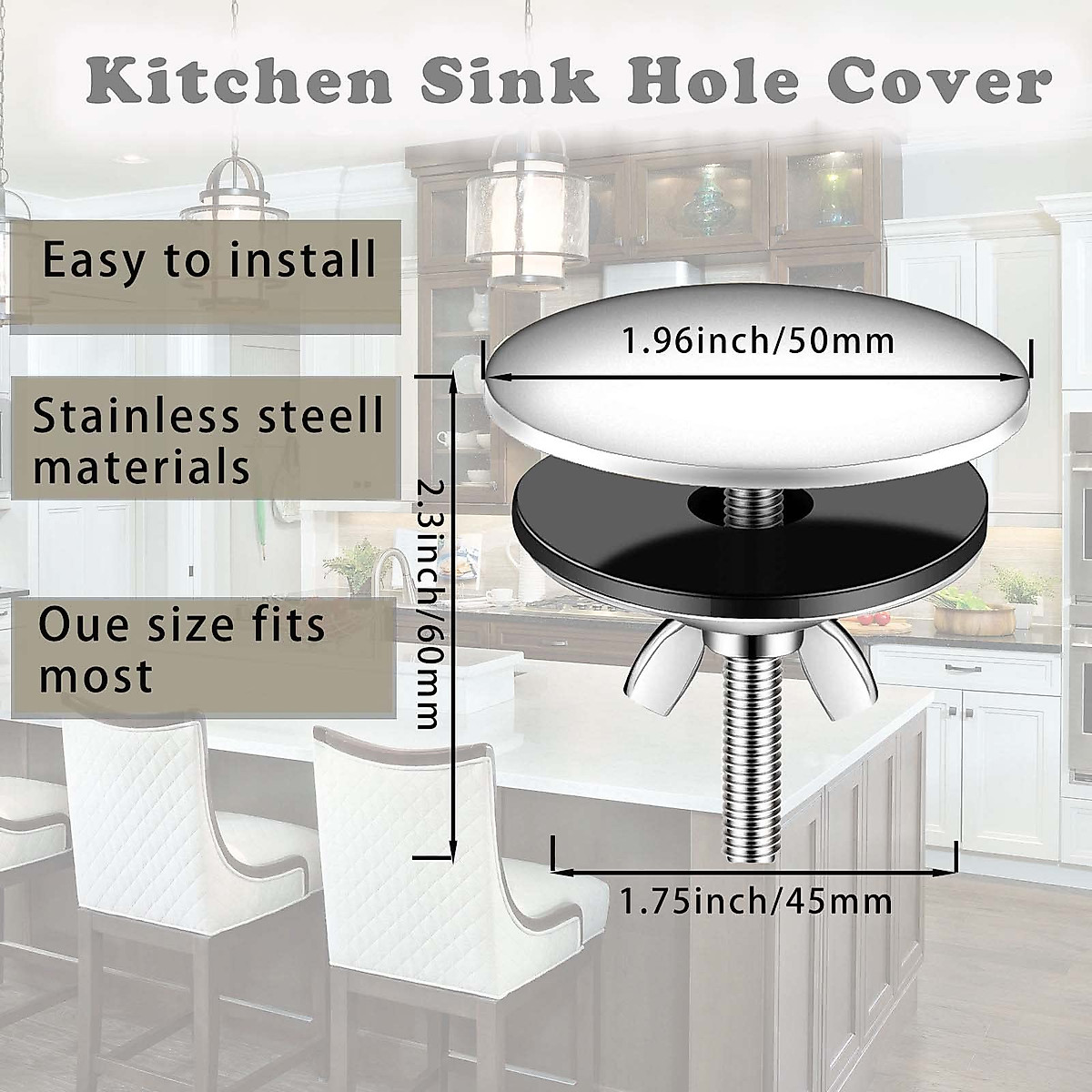Stainless Steel Kitchen Sink Hole Cover, 2 Inch Faucet Hole Cover Stainless Steel Kitchen Sink Tap Hole Plate Stopper Cover Blanking Metal Plug(Polished Chrome)
