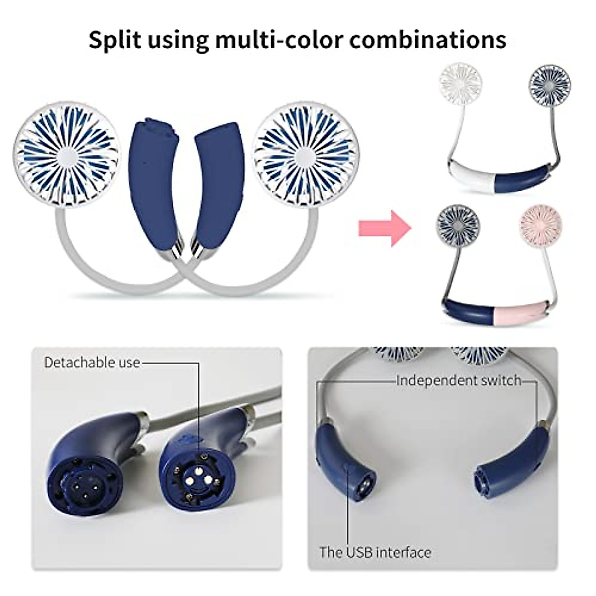 HUIQIMEI Portable Neck Fan Rechargeable Cooling Neck Fan Detachable Electric Personal Fans Independent Switch Control Long Battery Life for Travel Office Household Outdoor Sports (Blue)