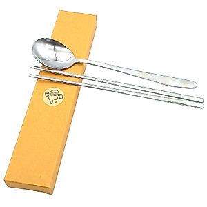 SUPIA Korean Traditional Cutlery Stainless Steel Spoons and Chopsticks Set Tableware with Long-hand, Reusable (Silver Flower)