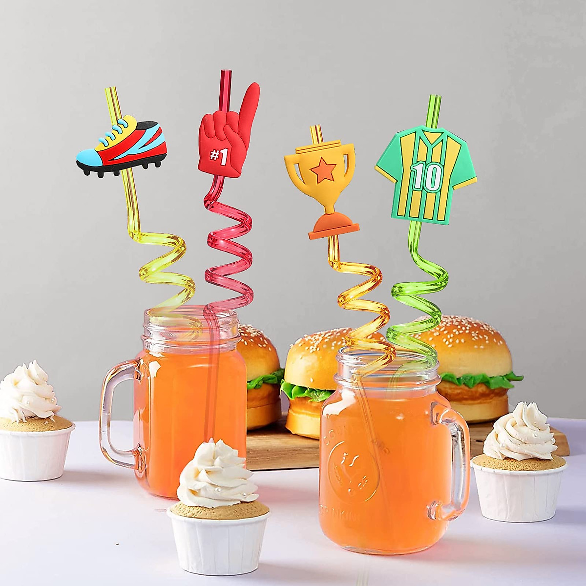 AFZMON 24 PCS Soccer Drinking Straws Reusable Soccer Ball Grass Plastic Beverages Cocktail Straw with Cartoon Decoration for Kids Sports Football Party Supplies for Birthday Party Favors