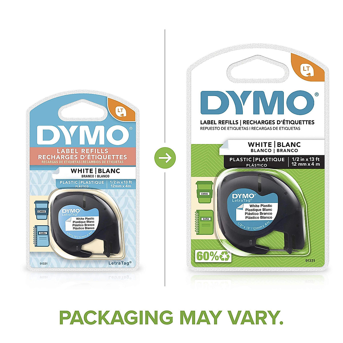 DYMO - SAN91331 91331 LetraTag Labeling Tape for LetraTag Label Makers, Black Print on White Plastic Tape, 1/2'' W x 13' L, 1 Roll