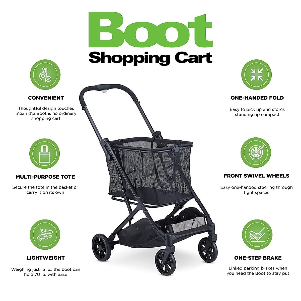 Joovy Boot Shopping Cart Featuring 70 lbs Total Weight Capacity, Stylish Removable Tote, Swivel Tires for Easy Steering, One-Handed Compact Fold, and One-Step Parking Brake (Black Frame)
