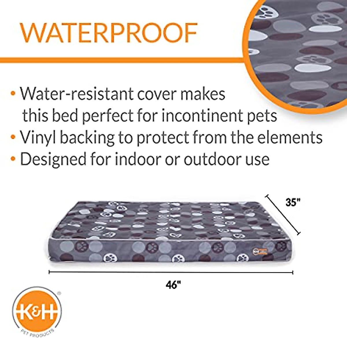 K&H PET PRODUCTS Indoor/Outdoor Superior Orthopedic Dog Bed Gray/Paw Large 35 X 46 X 4 Inches