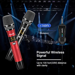 LEKATO Wireless Microphone, UHF Professional Microphones Rechargeable Metal Dual Wireless Microphone Dynamic Microphone System Set with Rechargeable Receiver for Karaoke Singing, Speech, Wedding