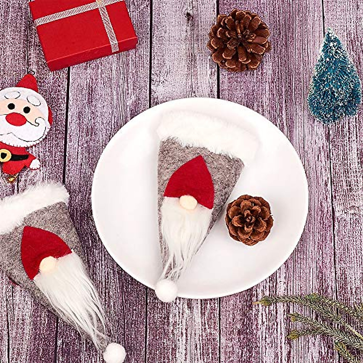 XIMINZ 12Pcs Christmas Santa Hats Silverware Holders, Nordic Santa Gnome Knife and Fork Holder Cover Tableware Bag Cutlery Holder Plush Bag Christmas Party Table Dinner Decor (red+grey)