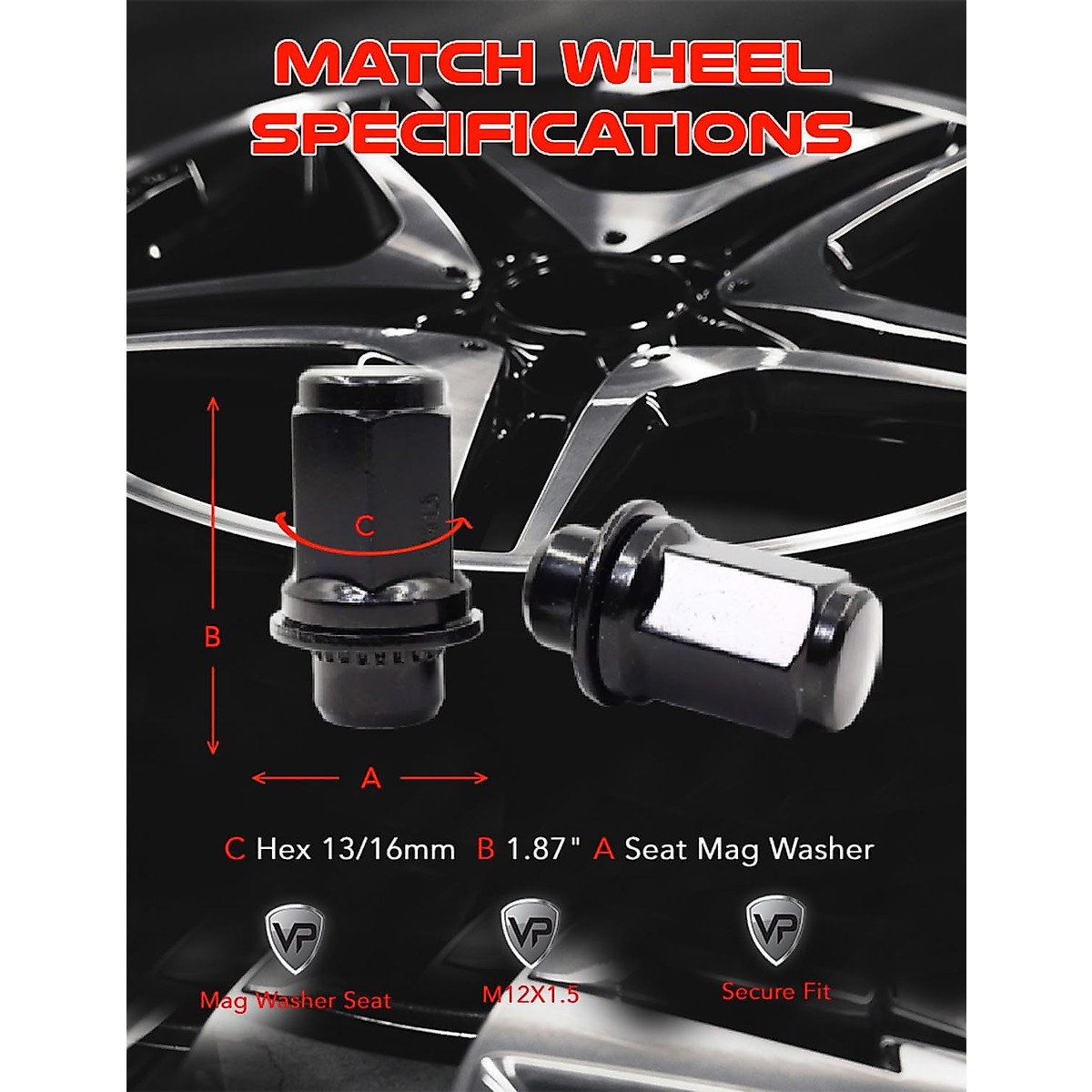 Set of 24 Veritek 12x1.5mm 1.87 Inch 47mm Length 13/16 Hex OEM Factory Mag Washer Style Black Lug Nuts for Lexus Toyota Tacoma 4 Runner FJ Cruiser SR5 Pre-Runner TRD Off-Road Limited OEM Replacement