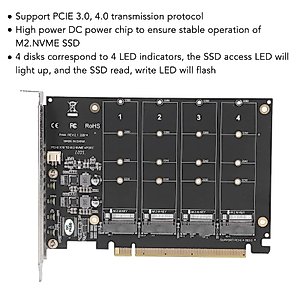 M.2 NVME SSD to PCIE X16 Adapter, 4x32Gbps M.2 NVME (m Key) SSD to PCIe 3.0 x 4 Port Host Controller Expansion Card with Individual LED Indicator