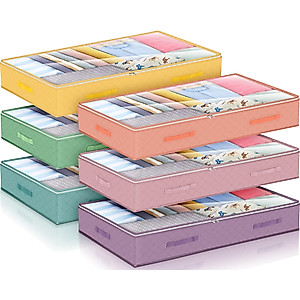 Aliceset 6 Pack Under Bed Storage Container 90L Pastelcolor Storage Organizer Foldable with Handles for Organized Kids Room Stuffed Toys Winter Clothes Blanket Sheet Pillow (Multicolor)