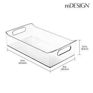 mDesign Slim Plastic Kitchen Storage Container Bins with Handles -Organization in Pantry, Cabinet, Refrigerator or Freezer Shelves - Food Organizer for Fruit, Yogurt, Squeeze Pouches - 4 Pack - Clear
