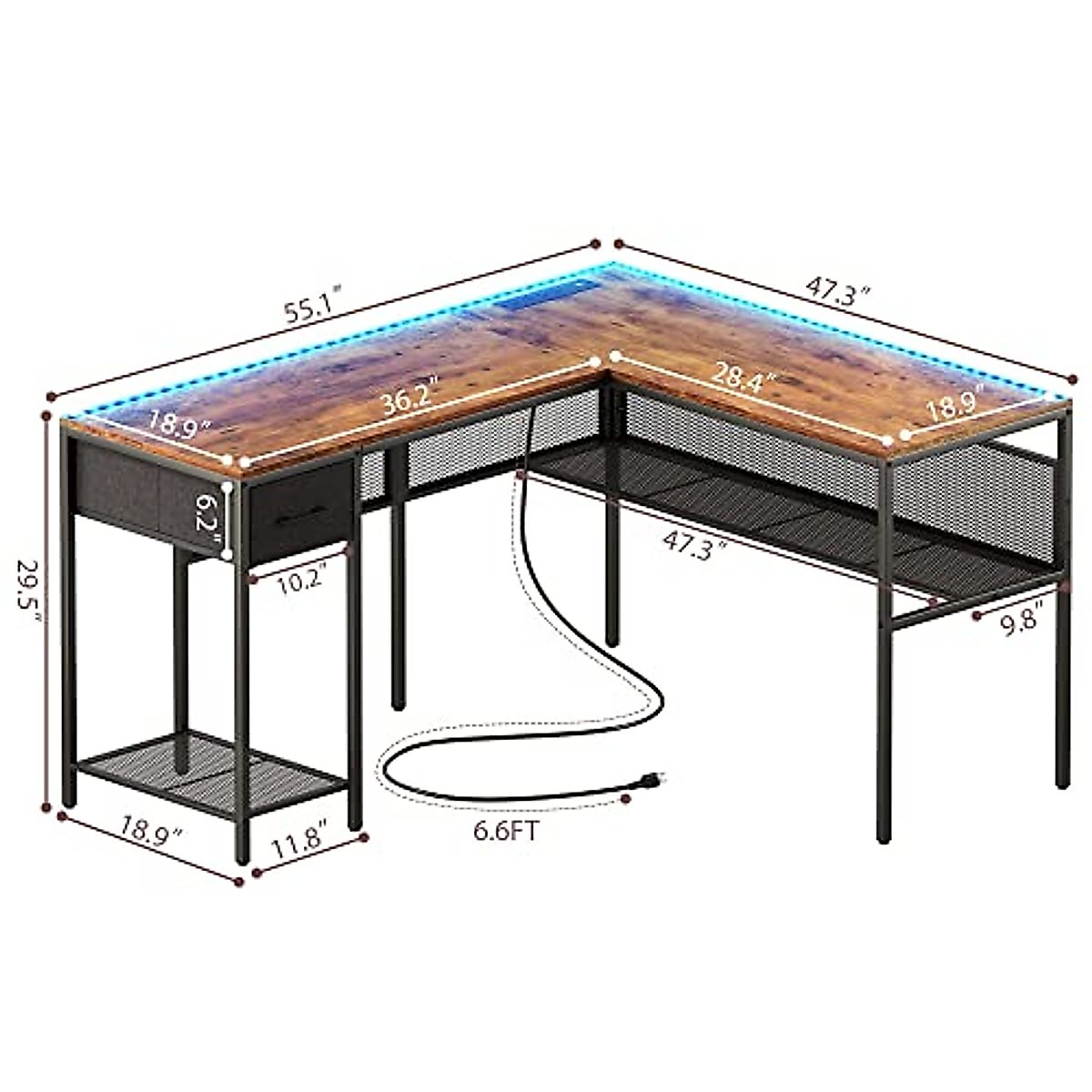 SUPERJARE L Shaped Desk with Power Outlets & LED Lights, Computer Desk with Storage Shelves & Fabric Drawer, Reversible Corner Desk with Bookshelf, Home Office Desk, Rustic Brown