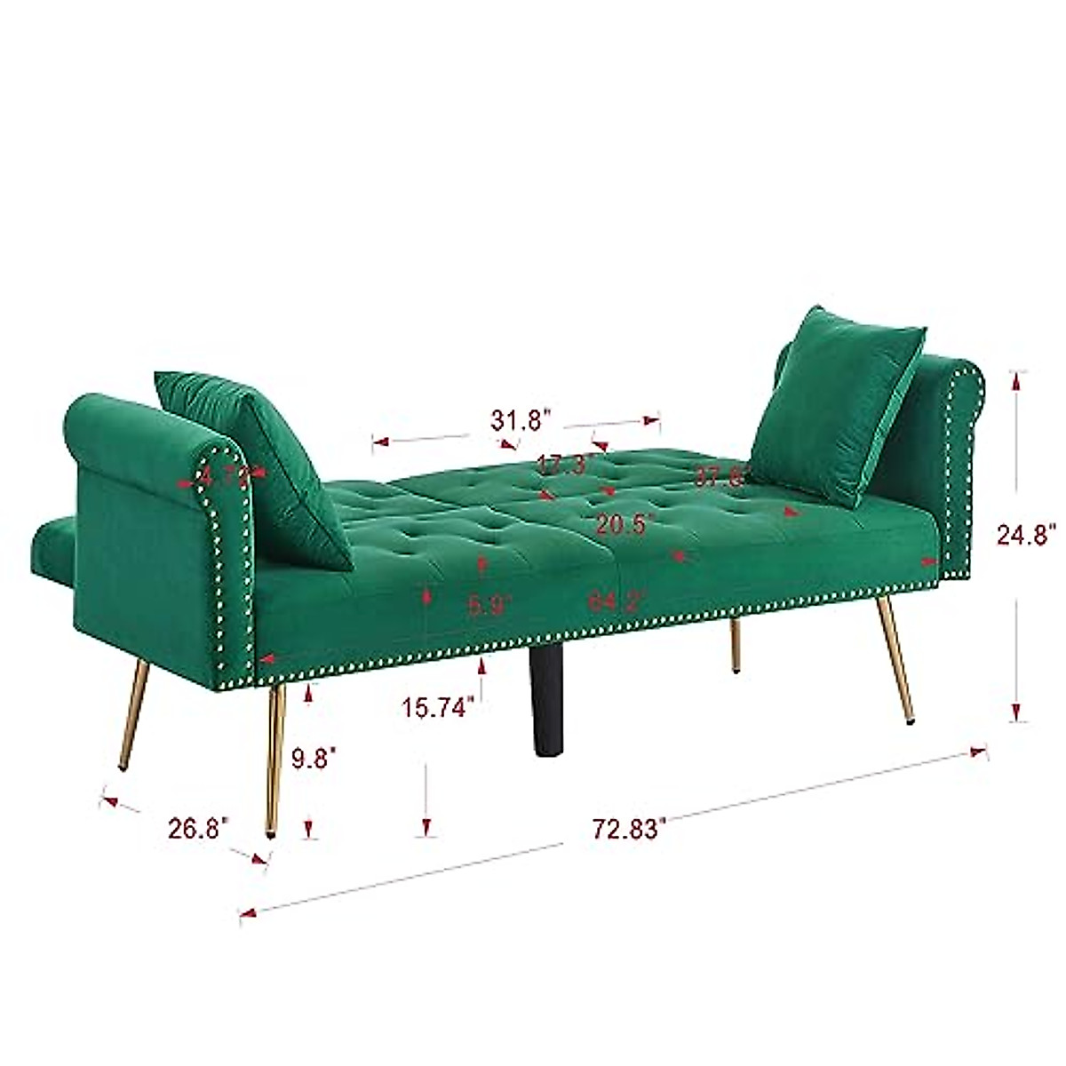 RIDFY 70”Modern 2 in 1 Velvet Futon Sofa Bed, Convertible Sleeper Couch with Legs/Pillows, Folding Upholstered Loveseat, Memory Foam Living Seat, Tufted Recliner Sofa for Home/Office (Green)