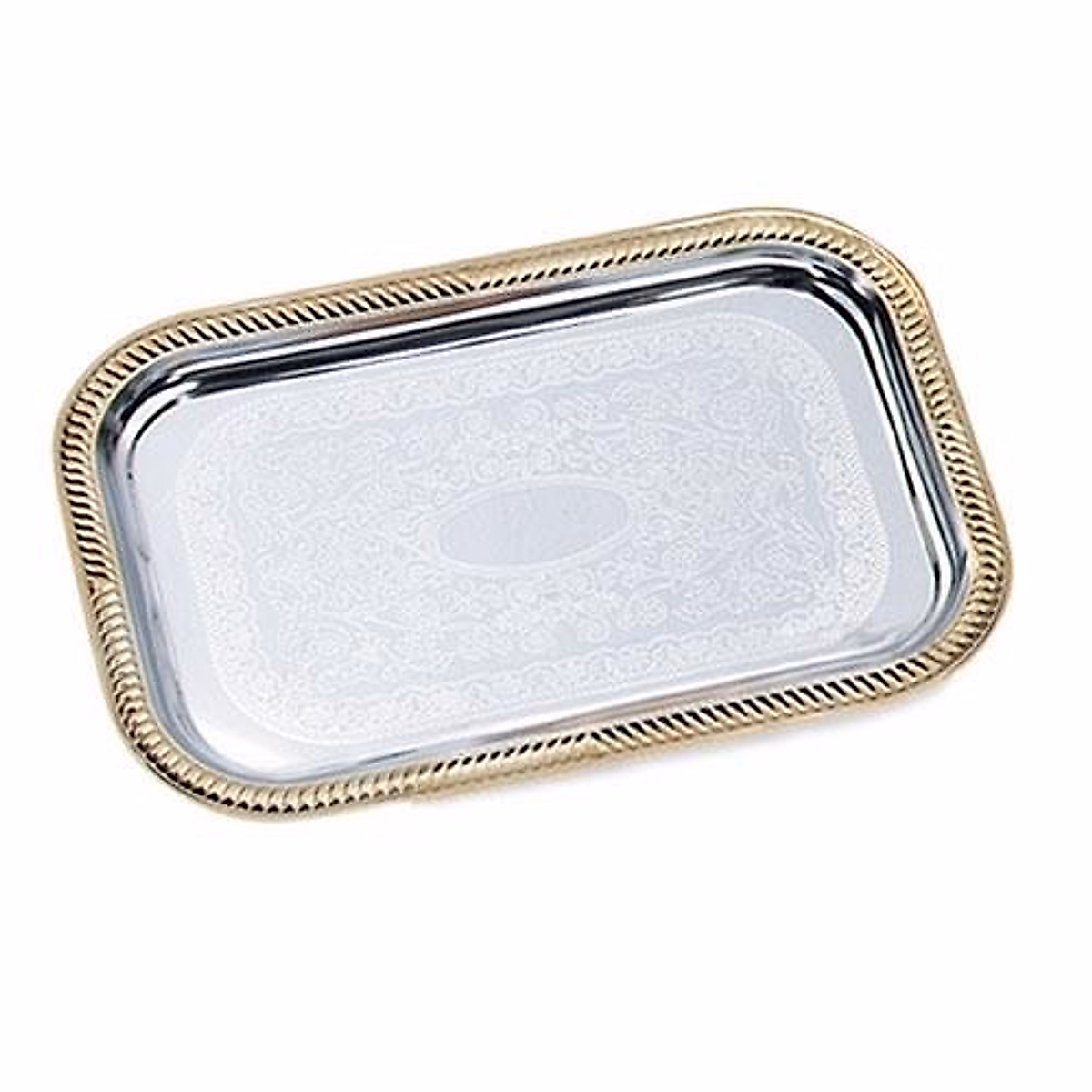 Vollrath Odyssey Serving Tray, rectangular, chrome plated, with decorative engraving on base of tray & decorative brass plated gold-tone rim, 19-2/3" x 14", imported (not dishwasher safe), 47266